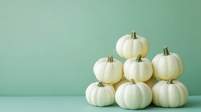 Stack of White Pumpkins on Pastel Green Background, Minimalist Design ...