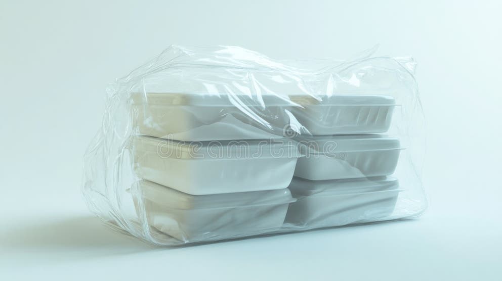 Stack of White Rectangular Containers Wrapped in Transparent Plastic ...