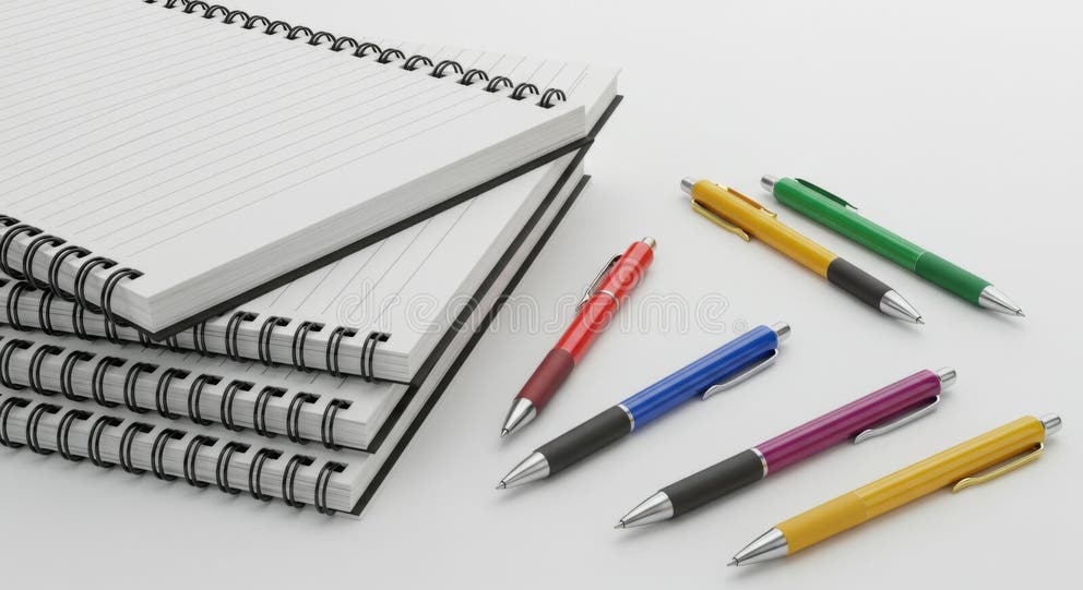 Stack of White Spiral Notebooks and Colorful Pens on White Desk Stock ...