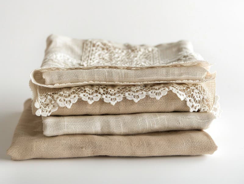Stack of White and Tan Cloths with Lace on Top Stock Photo - Image of ...