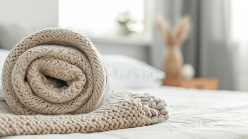 A Stack of White Towels and Beige Blankets Rest on a White Bed in a ...