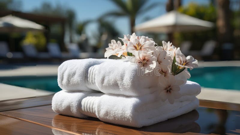Stack of White Towels on a Table Next To a Swimming Pool. Generative AI ...