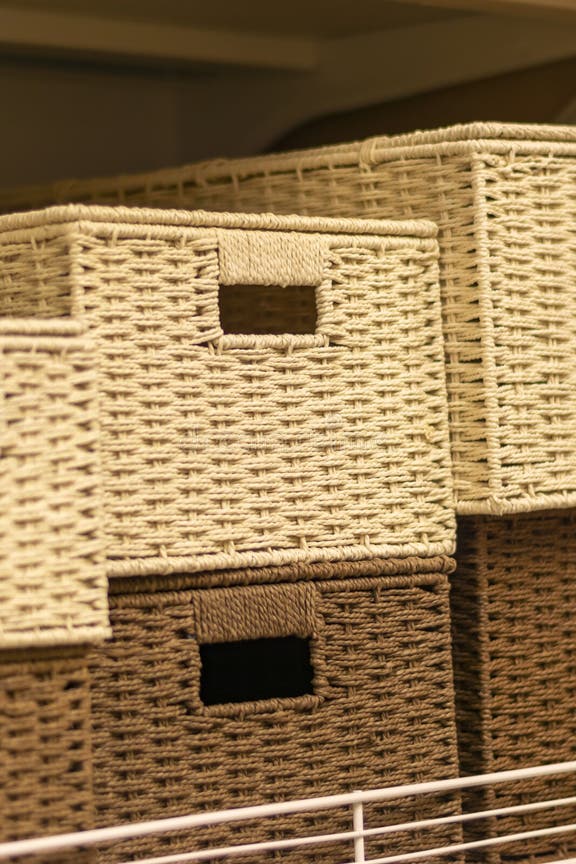 Stack of White Wicker Baskets Made of Twigs. Stock Image - Image of ...