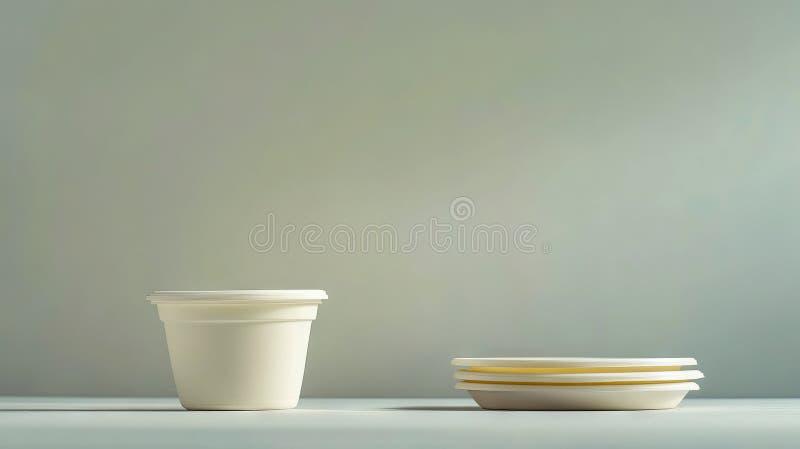 A Stack of White and Yellow Cups Sitting on Top of a Table Stock Photo ...