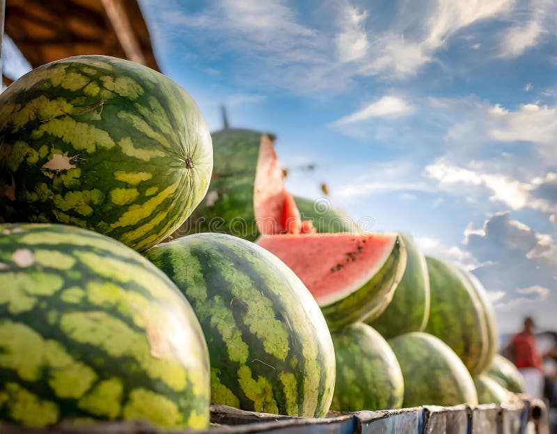 A Stack of Whole Watermelons and One Cut Open Revealing Its Red ...