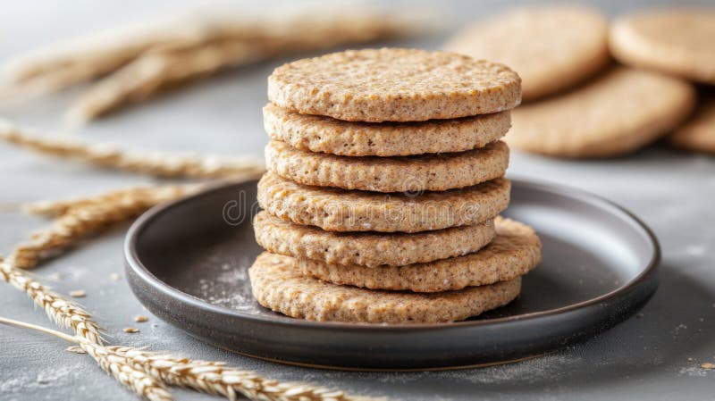 A Stack of Whole Wheat Cookies on a Dark Plate Stock Image - Image of ...