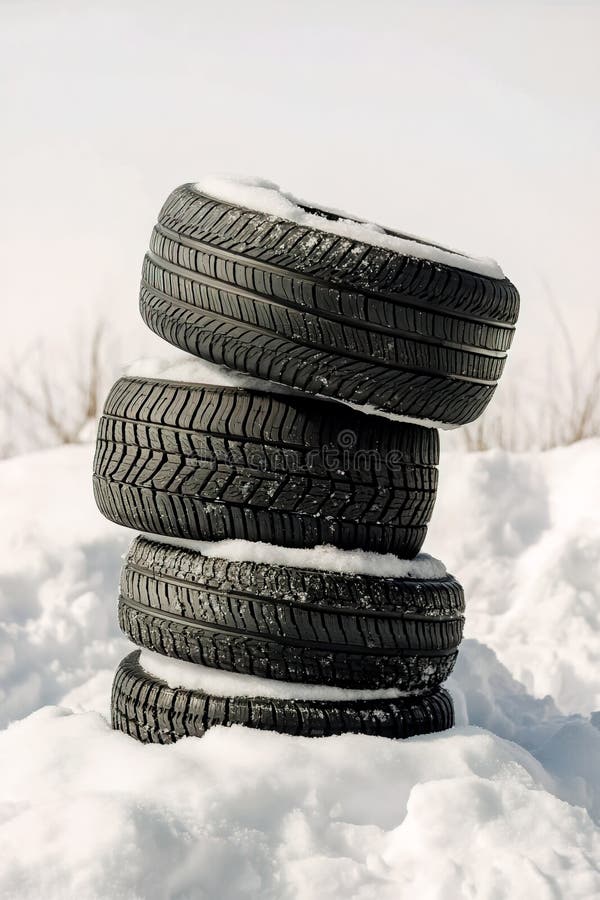 Stack of 4 Winter Car Tires Sitting in a Pile of White Snow, Detailed ...