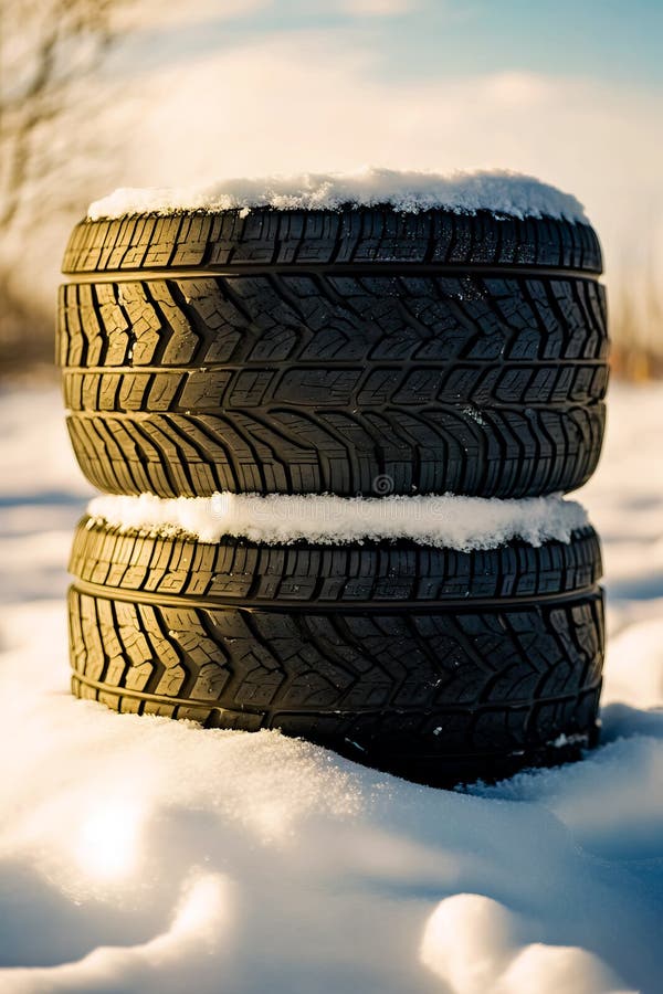 Stack of 4 Winter Car Tires Sitting in a Pile of White Snow, Detailed ...