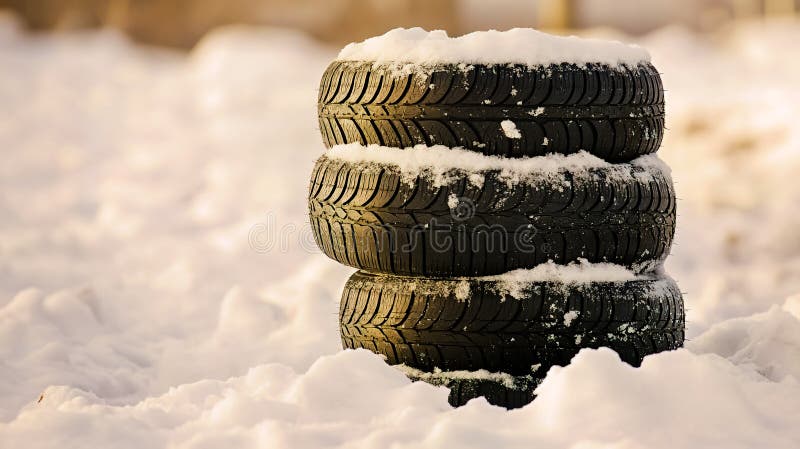 Stack of 4 Winter Car Tires Sitting in a Pile of White Snow, Detailed ...