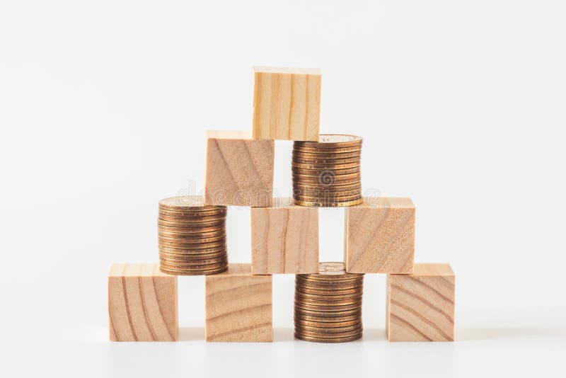 Stack of Wood Cube Building Blocks and Money Coins Stock Image - Image ...