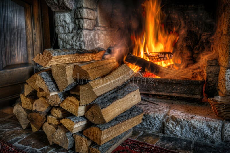A Stack of Wood beside a Warm Fireplace Stock Image - Image of living ...