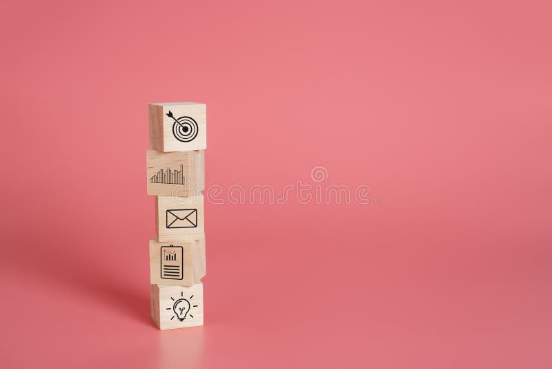Stack Wooden Block Cube with Business Icons â€‹on Pink Background ...