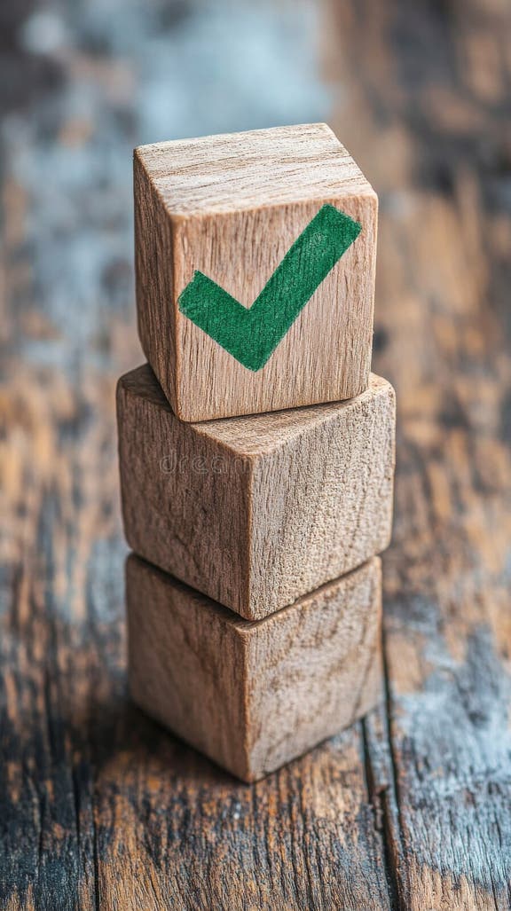 Stack of Wooden Blocks with Green Check Mark, Rustic Concept Stock ...