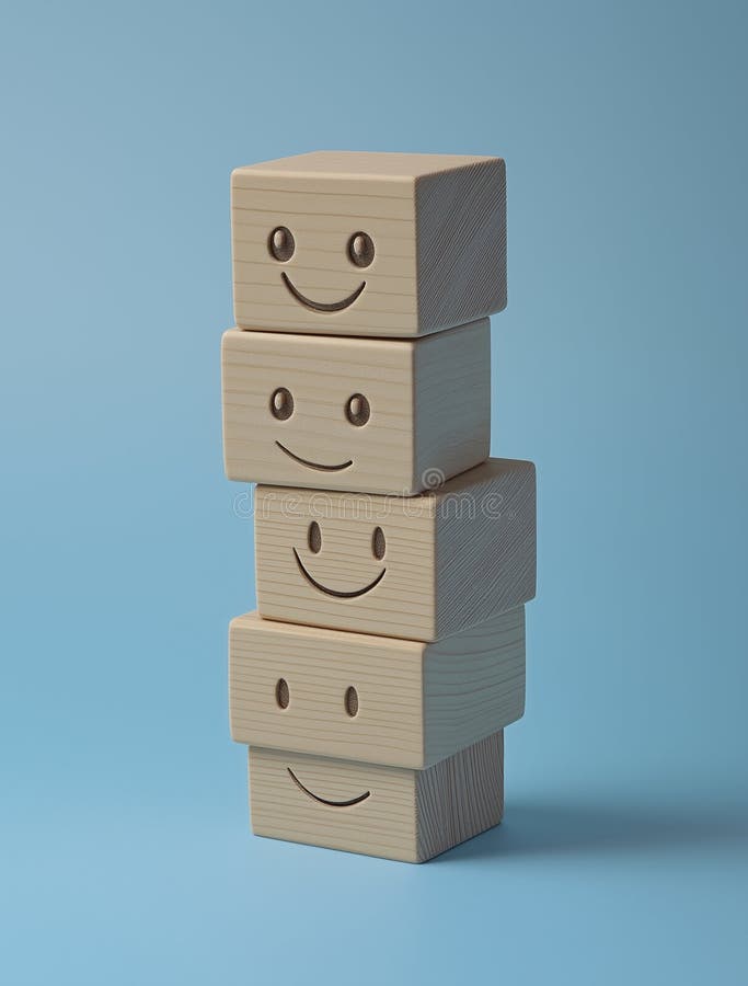 Stack of Wooden Blocks with Happy, Neutral, and Sad Faces, Showcasing ...