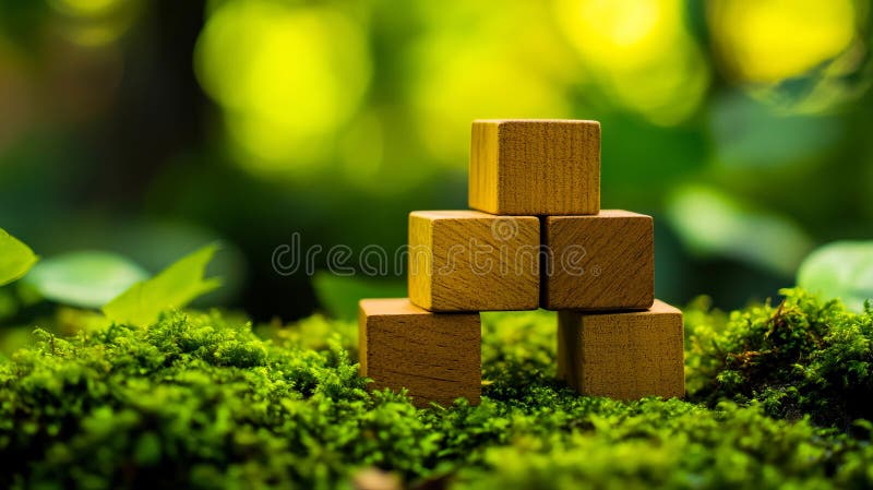 A Stack of Wooden Blocks Sitting on Top of a Moss Covered Ground Stock ...