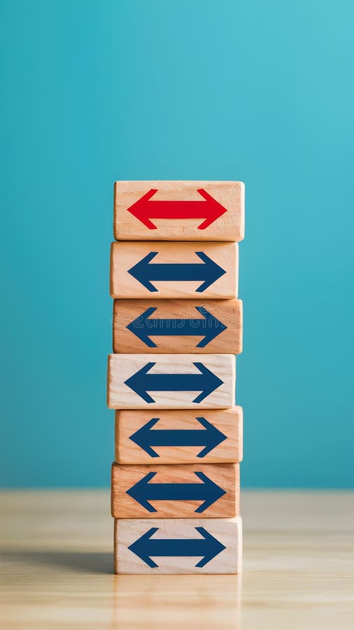Stack of Wooden Blocks on Turquoise with Blue Arrows, Distinctive Red ...