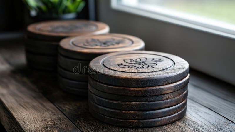A Stack of Wooden Coasters with a Floral Design. Stock Image - Image of ...