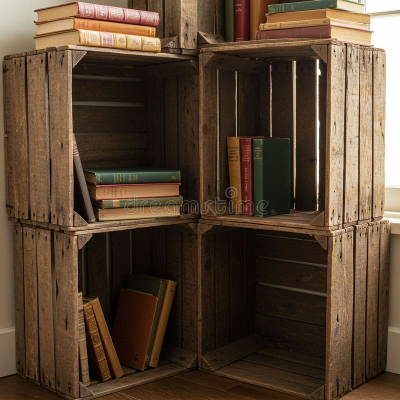 Stack of Wooden Crates Forms a Makeshift Bookshelf, Displaying Various ...