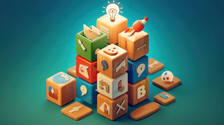 A Stack of Wooden Dice with Icons Representing Various Stages in the ...