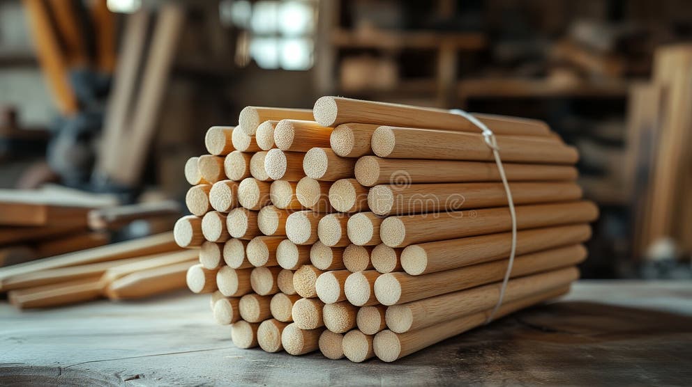 Stack of Wooden Dowels in a Workshop. Stock Image - Image of rods ...
