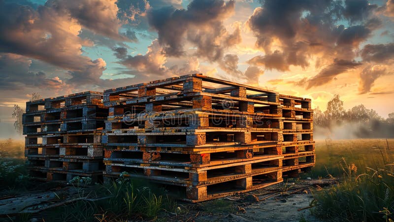 Stack of Wooden Pallets in a Field at Sunrise, Dramatic Sky. Rustic ...