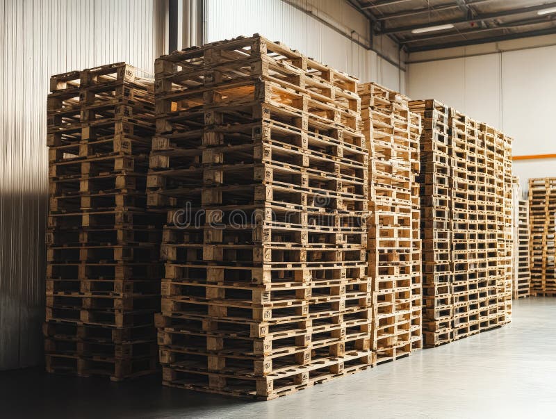 Stack of Wooden Pallets in a Warehouse Stock Photo - Image of timber ...
