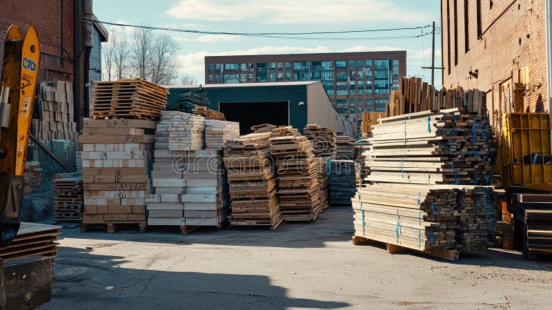 Stack of Wooden Planks and Building Materials in a Warehouse Yard Stock ...