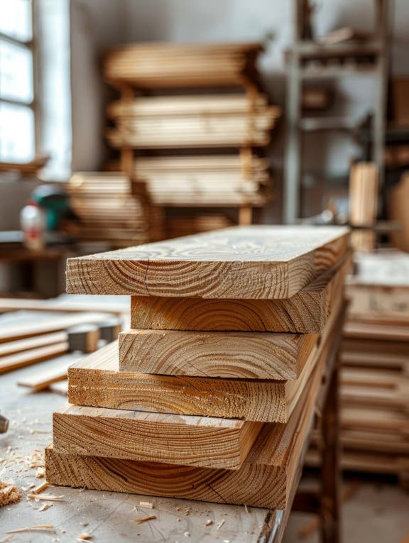 Stack of Wooden Planks in a Carpentry Workshop Stock Image - Image of ...