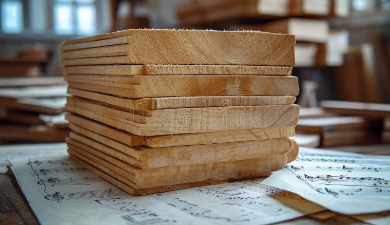 Stack of Wooden Planks on Music Sheets Stock Illustration ...