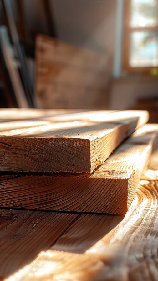 Stack of Wooden Planks in Sunlight, Close-up View. Carpentry and ...