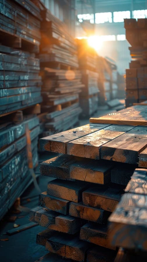 Stacked Wooden Planks Timber Lumber Construction Materials Warehouse ...