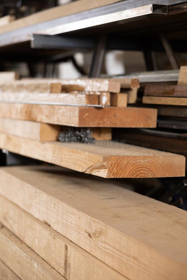 Stack of Wooden Planks in Wood Workshop Stock Photo - Image of ...