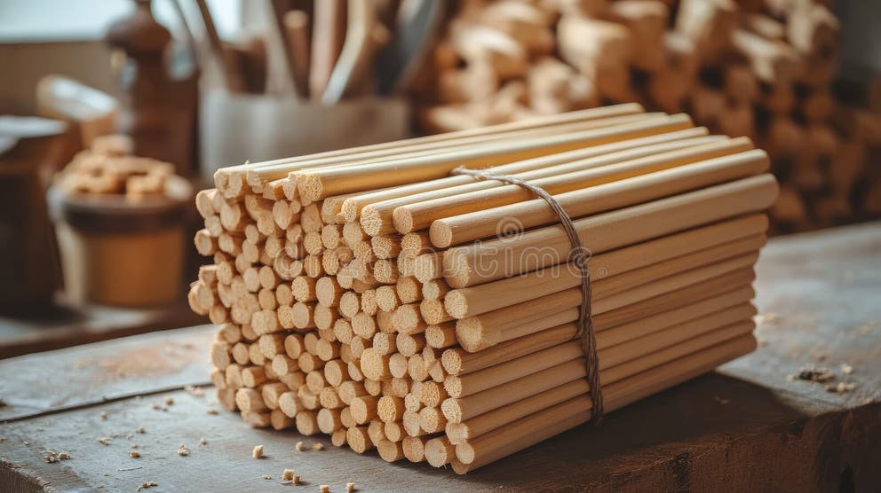 Stack of Wooden Rods Tied Together in a Workshop. Stock Image - Image ...