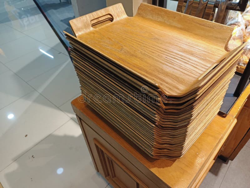 Stack of Wooden Tray in a Booth Stock Image - Image of indoors ...