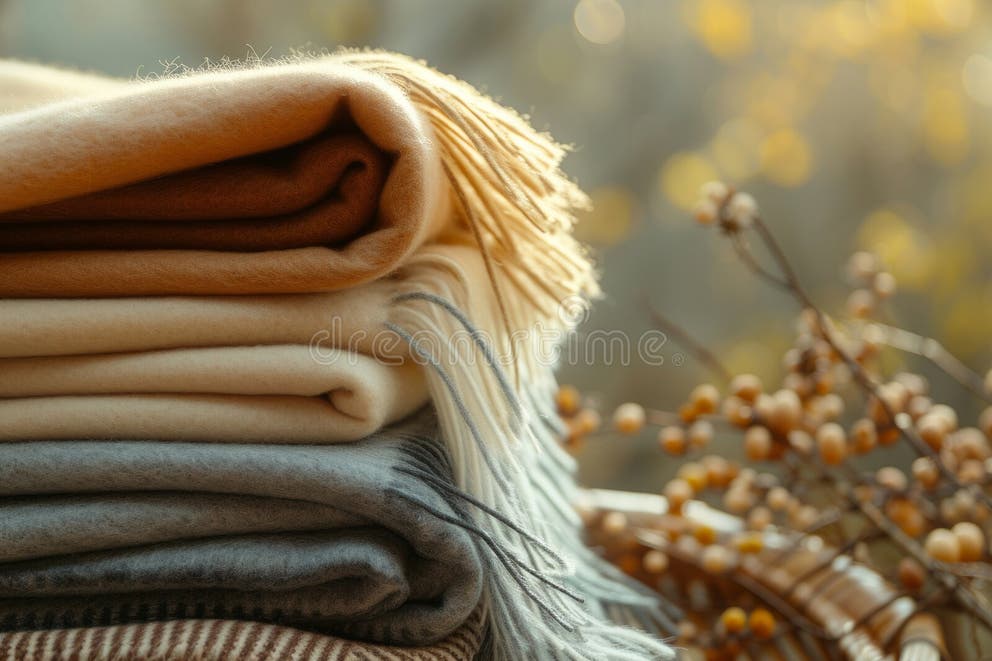 Stack of Wool or Cashmere Blankets. Autumn and Winter Concept Stock ...