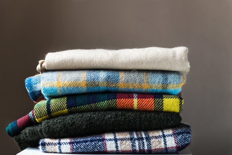 Stack of Woolen Checked Blankets Stock Photo - Image of texture ...