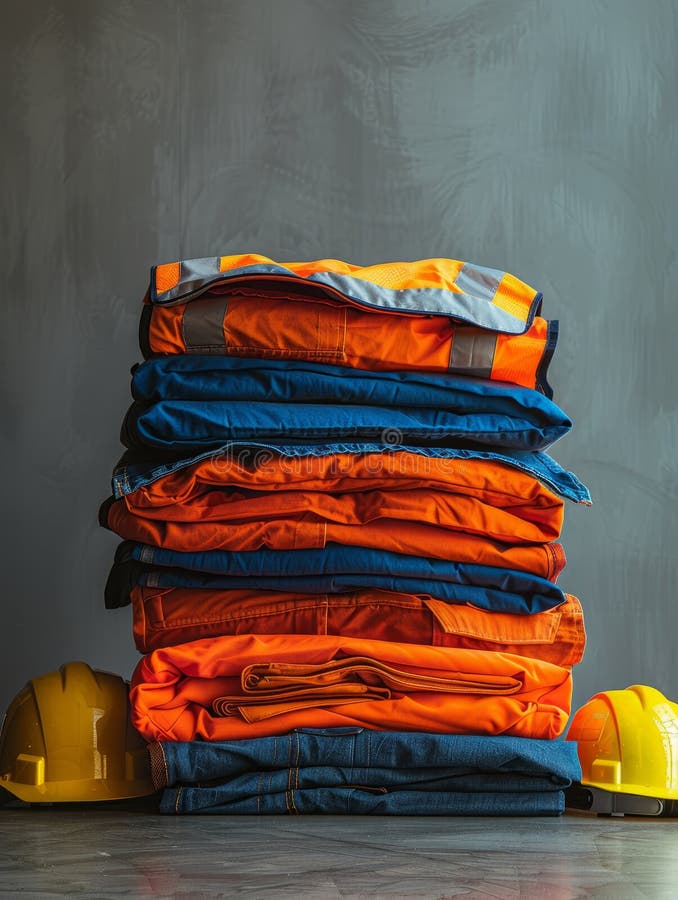 Stack of Workwear and Safety Gear with Two Hard Hats on the Floor ...