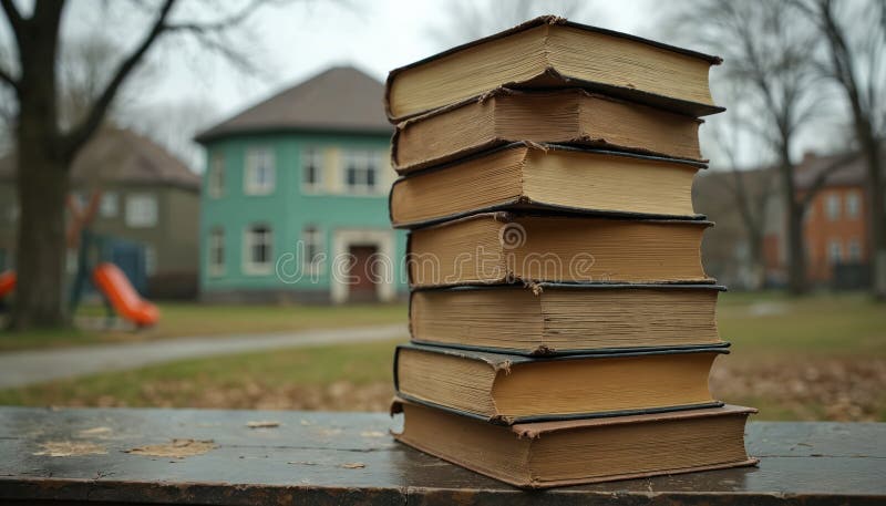 Stack of Worn, Aged Textbooks Rests Outdoors Near School Building ...