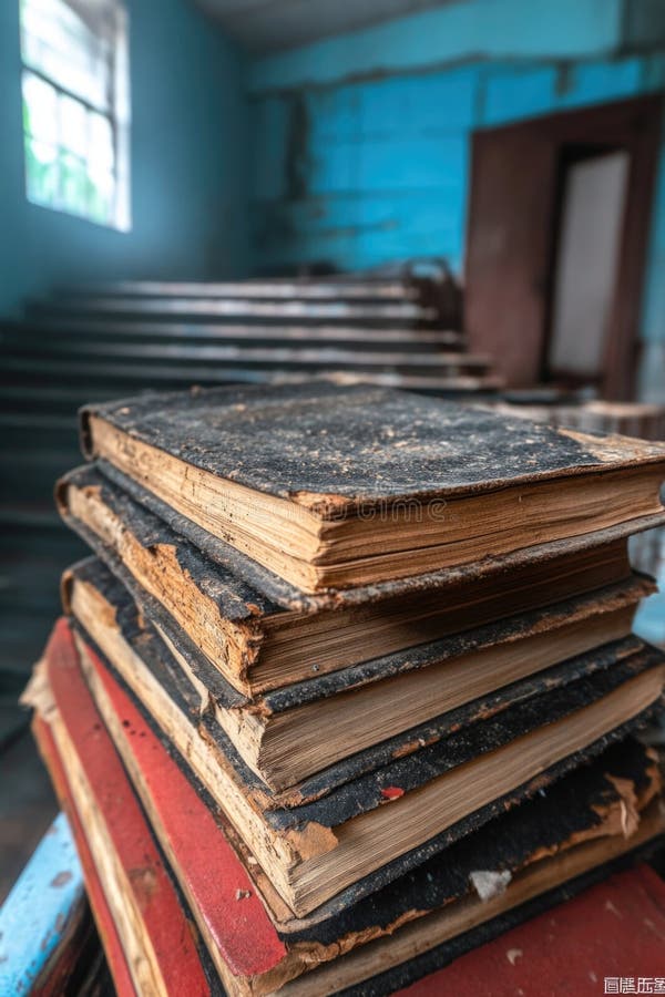 Stack of Worn Antique Books in Rustic Abandoned Library Interior Scene ...