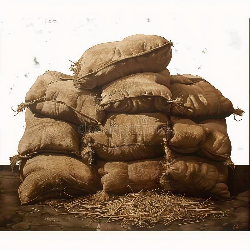 A Stack of Worn Burlap Sacks Forms a Pyramid on a Textured Surface ...