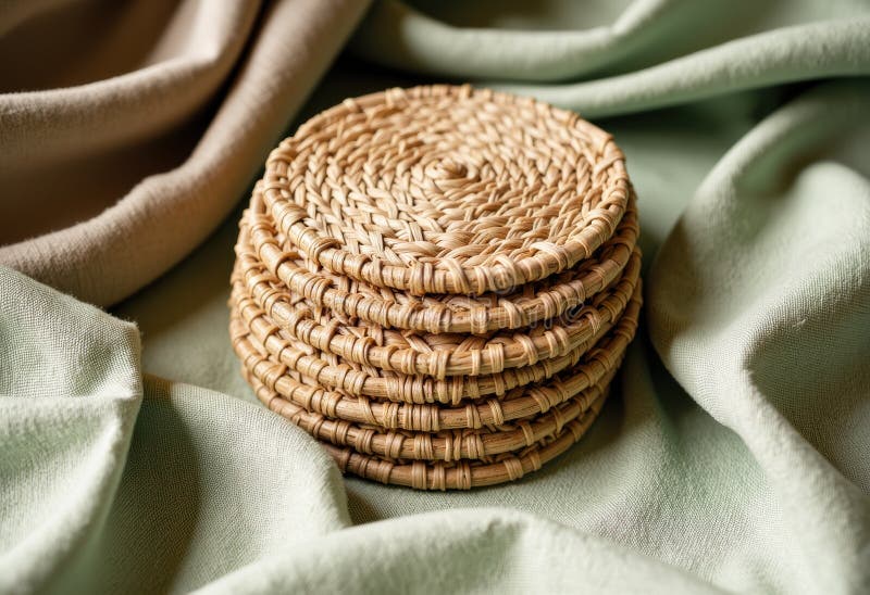 Stack of Woven Coasters Made from Natural Materials on Soft Fabric ...
