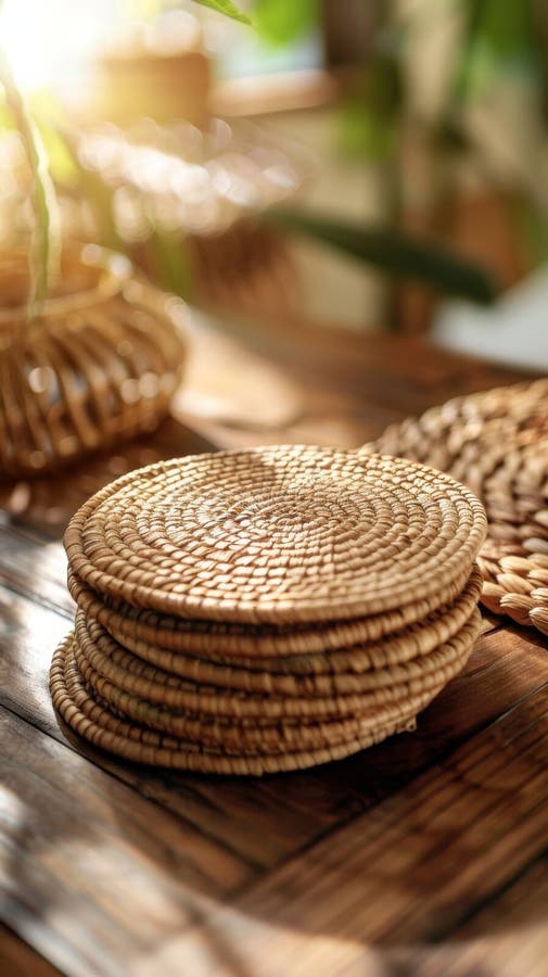 Stack of Woven Coasters on a Wooden Table with Sunlight Stock Image ...