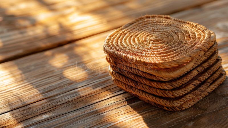 Stack of Woven Coasters on Wooden Table in Sunlight Stock Image - Image ...