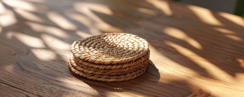 Stack of Woven Straw Coasters on Wooden Table Illuminated by Natural ...