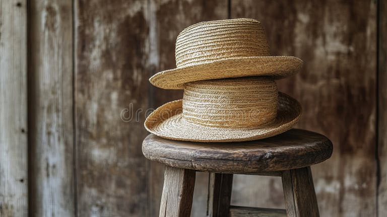 A Stack of Woven Straw Hats Styled on a Rustic Wooden Stool. Background ...