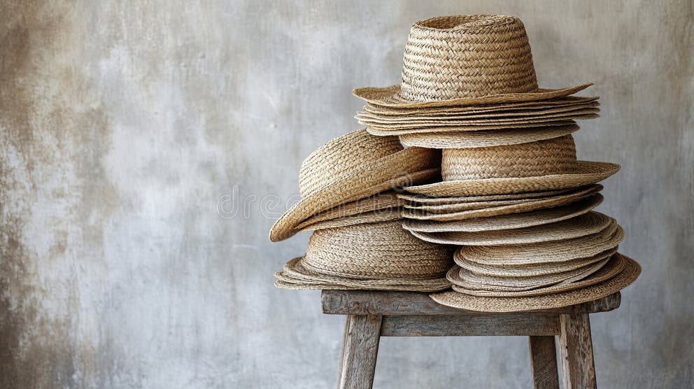A Stack of Woven Straw Hats Styled on a Rustic Wooden Stool. Background Stock Image - Image of ...