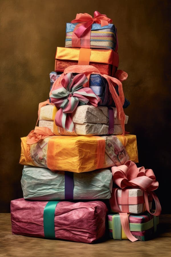 Stack of Wrapped Birthday Presents with Ribbons Stock Illustration ...