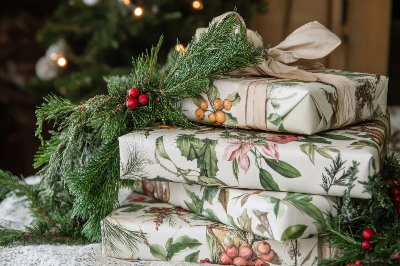 Stack of Wrapped Christmas Gifts with Pine Boughs Stock Illustration ...