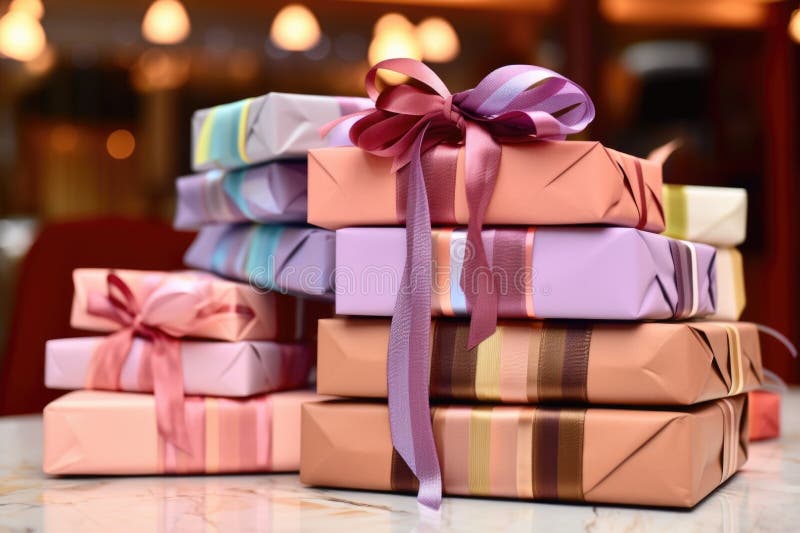 Stack of Wrapped Gift Boxes with Clearance Sale Tags Stock Photo ...