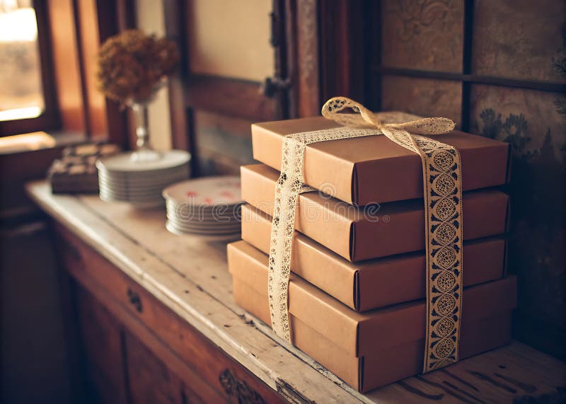 Stack of Wrapped Gift Boxes with Ribbon on Wooden Table in Rustic ...